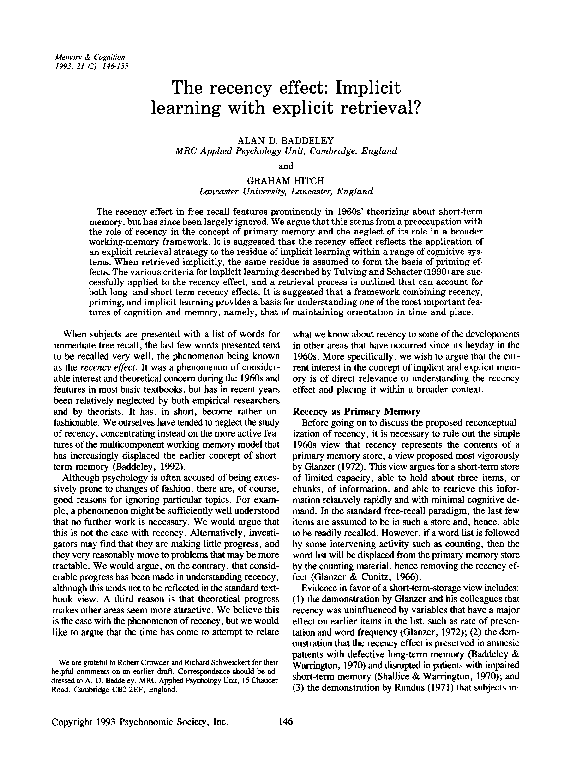 (PDF) The recency effect: Implicit learning with explicit retrieval?