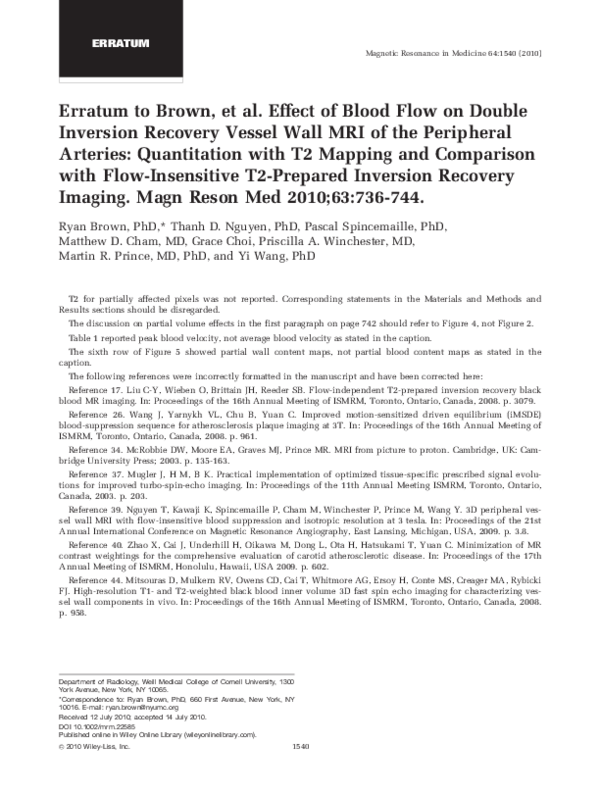 (PDF) Effect of blood flow on double inversion recovery vessel wall MRI ...