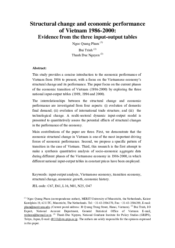 (PDF) Structural change and economic performance of Vietnam 1986-2000: Evidence from the three ...