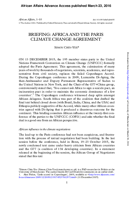 (PDF) BRIEFING: AFRICA AND THE PARIS CLIMATE CHANGE AGREEMENT