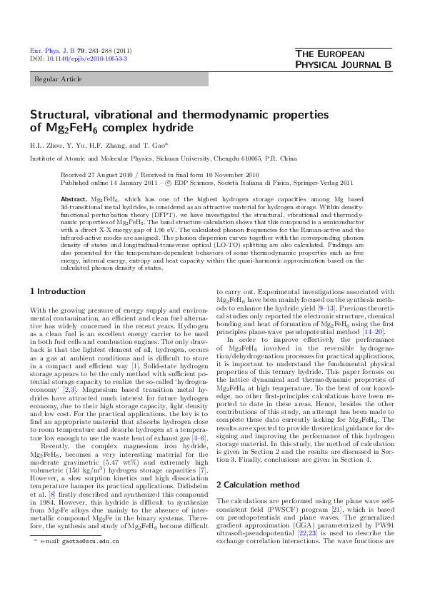 (PDF) Structural, vibrational and thermodynamic properties of Mg2 FeH6 ...