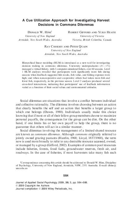 (PDF) A Cue Utilization Approach for Investigating Harvest Decisions in Commons Dilemmas