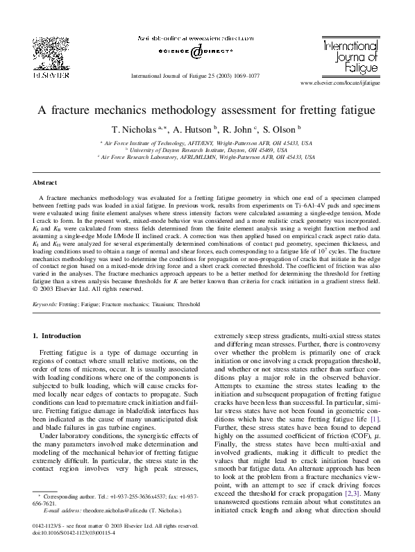 (PDF) A fracture mechanics methodology assessment for fretting fatigue