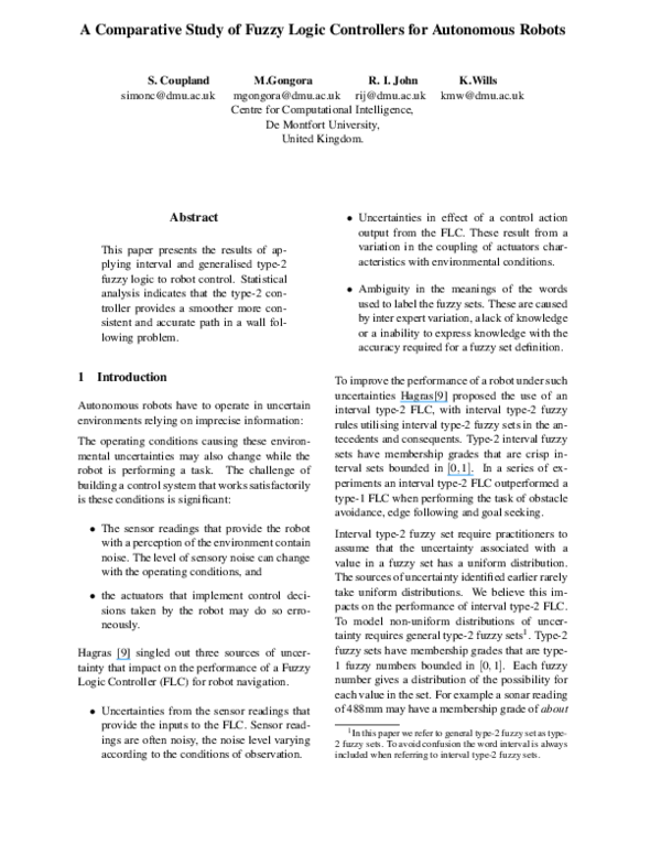 (PDF) A comparative study of fuzzy logic controllers for autonomous robots