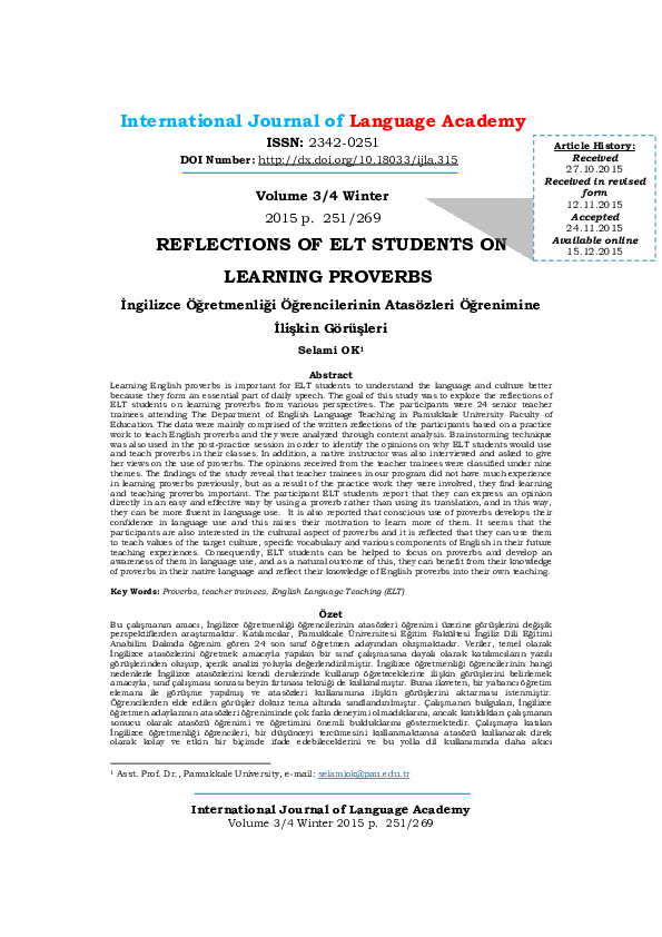 (PDF) REFLECTIONS OF ELT STUDENTS ON LEARNING PROVERBS