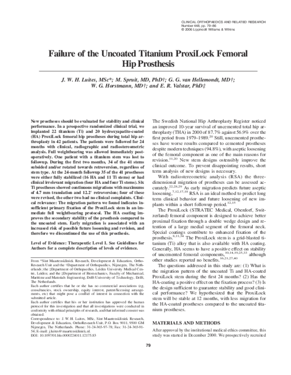 (PDF) Failure of the Uncoated Titanium ProxiLock Femoral Hip Prosthesis