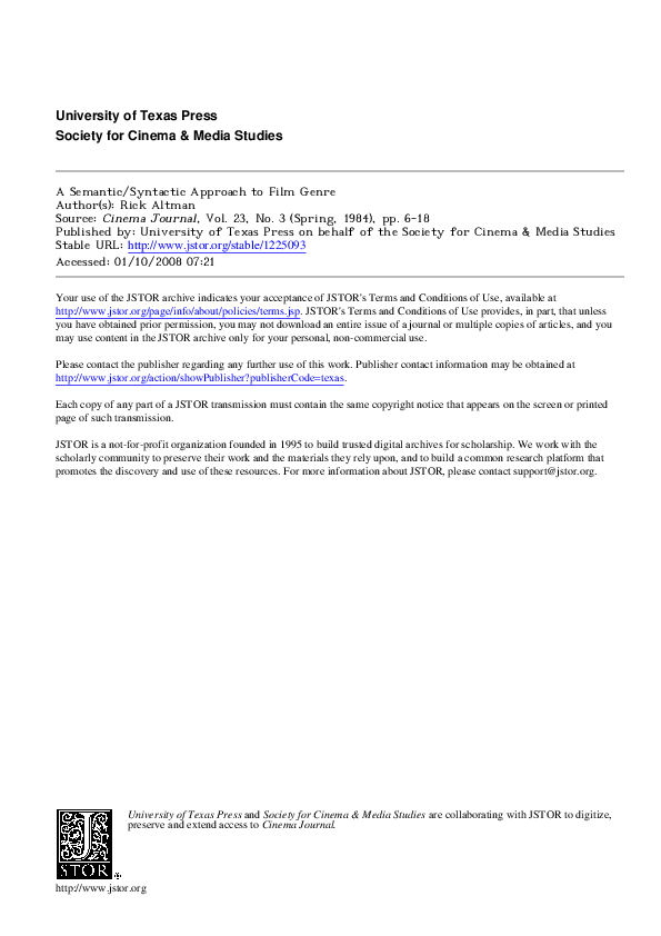 Semantic Syntactic approaches to Genre Rick Altman