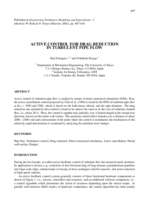 (PDF) Active control for drag reduction in turbulent pipe flow