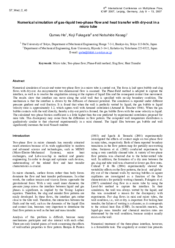 (PDF) Numerical simulation of gas–liquid two-phase flow and convective heat transfer in a micro tube