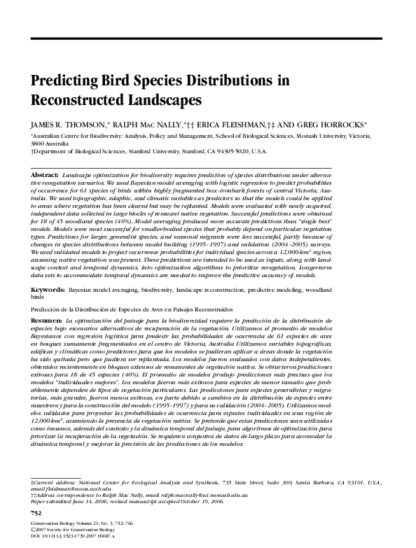 (PDF) Predicting Bird Species Distributions in Reconstructed Landscapes