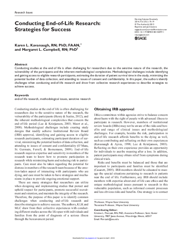 (PDF) Conducting End-of-Life Research: Strategies for Success