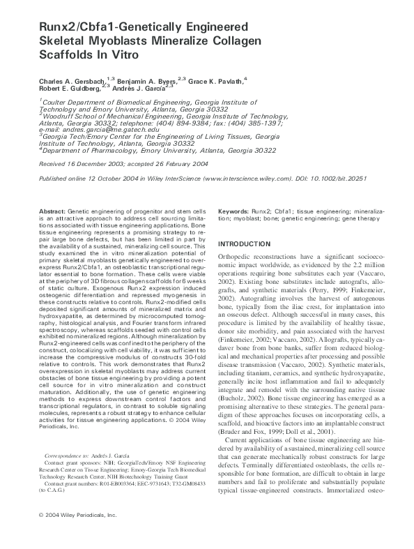 (PDF) Runx2/Cbfa1-genetically engineered skeletal myoblasts mineralize collagen scaffolds in vitro