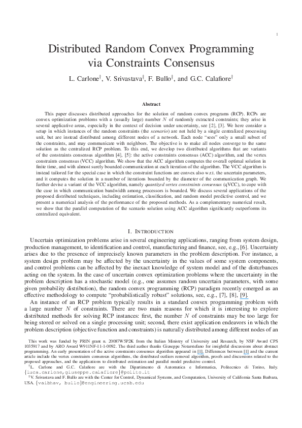 Pdf Distributed Random Convex Programming Via Constraints Consensus