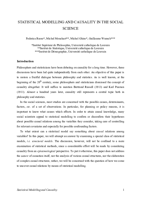 Pdf Statistical Modelling And Causality In The Social Science