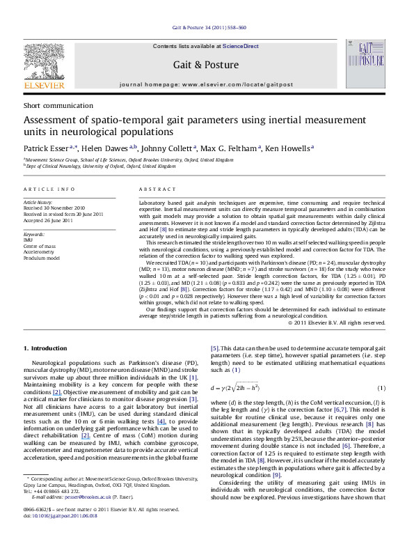 (PDF) Assessment of spatio-temporal gait parameters using inertial measurement units in ...
