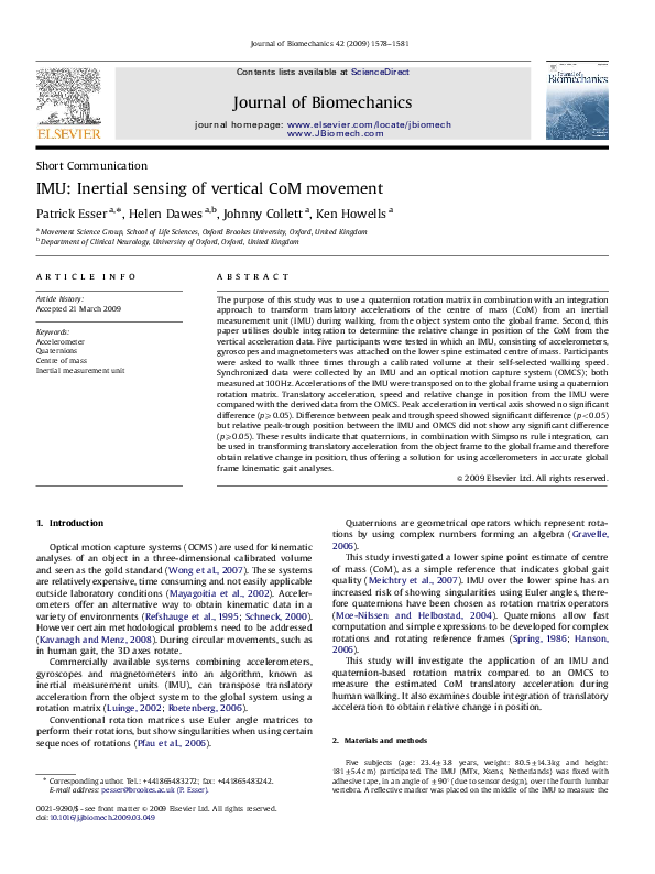 Pdf Imu Inertial Sensing Of Vertical Com Movement