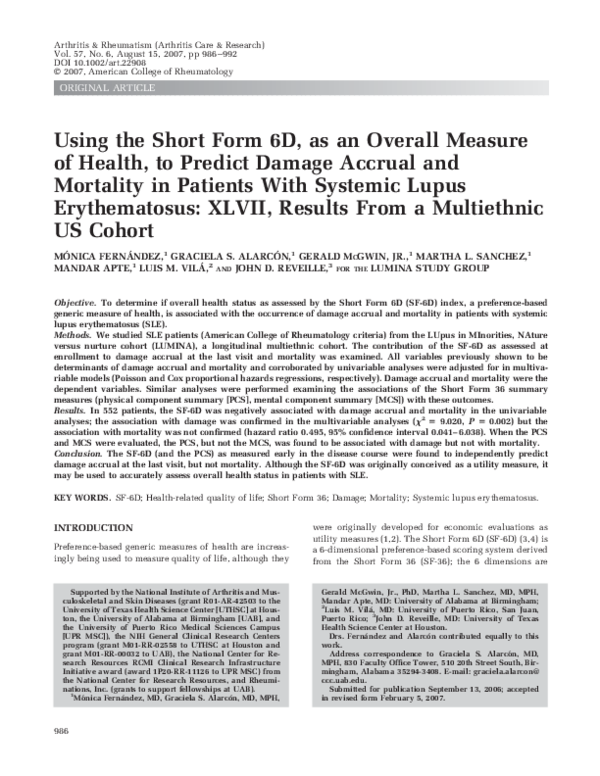 (PDF) Using the Short Form 6D, as an overall measure of health, to ...