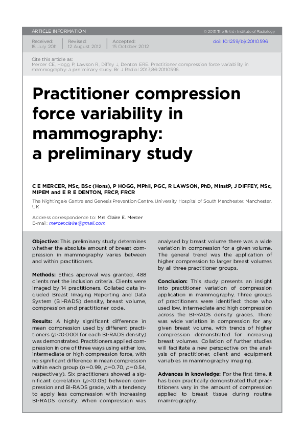 (PDF) Practitioner compression force variability in mammography: a ...