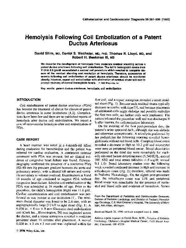(PDF) Hemolysis following coil embolization of a patent ductus arteriosus