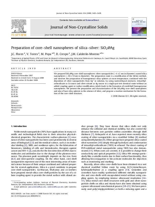Pdf Preparation Of Core Shell Nanospheres Of Silica Silver Sio2 Ag