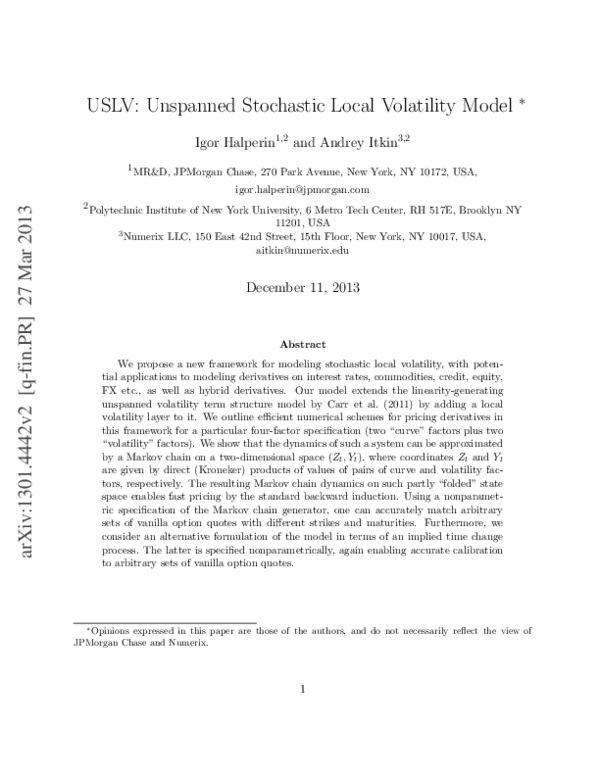 (PDF) USLV: Unspanned Stochastic Local Volatility Model