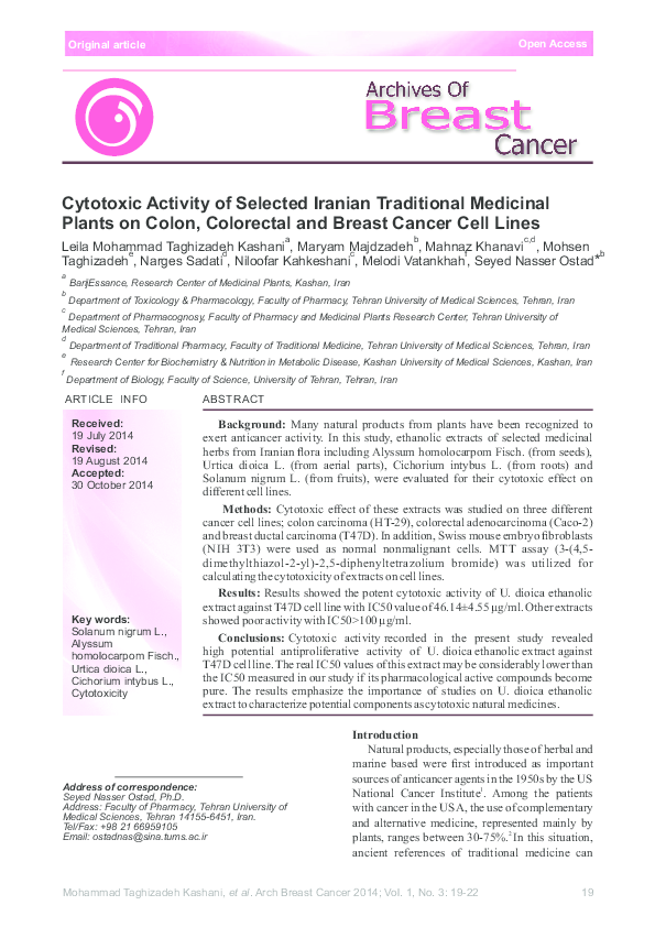 (PDF) Cytotoxic Activity of Selected Iranian Traditional Medicinal ...