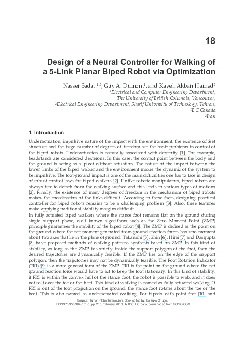 Pdf Design Of A Neural Controller For Walking Of A 5 Link Planar Biped Robot Via Optimization