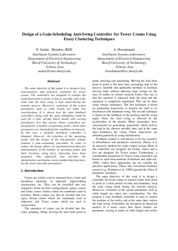 Pdf Design Of A Gain Scheduling Anti Swing Controller For Tower Cranes Using Fuzzy Clustering