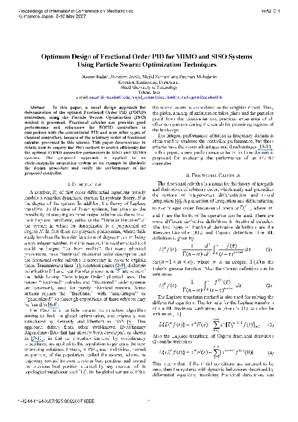 Pdf Optimum Design Of Fractional Order Pid For Mimo And Siso Systems Using Particle Swarm