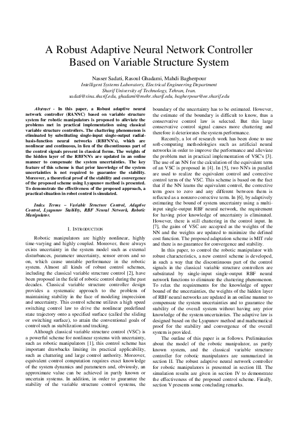 Pdf A Robust Adaptive Neural Network Controller Based On Variable Structure System