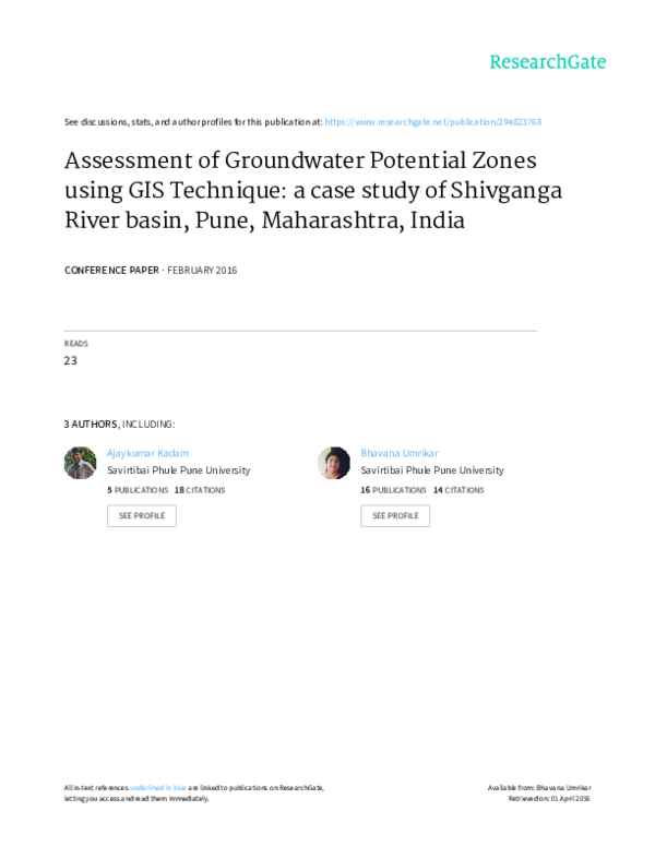 (PDF) Assessment of Groundwater Potential Zones using GIS Technique: a case study of Shivganga ...