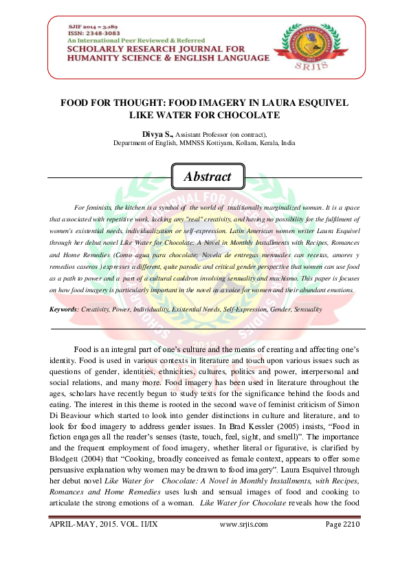 (PDF) FOOD FOR THOUGHT: FOOD IMAGERY IN LAURA ESQUIVEL LIKE WATER FOR ...