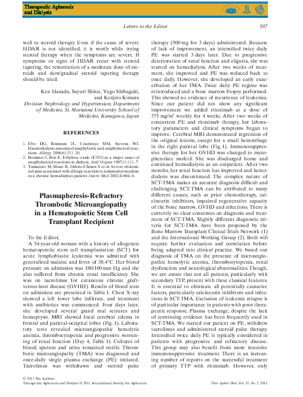 (PDF) Plasmapheresis-Refractory Thrombotic Microangiopathy in a Hematopoietic Stem Cell ...
