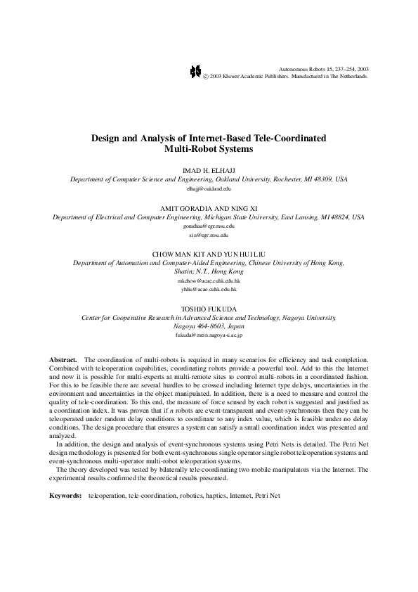 Pdf Design And Analysis Of Internet Based Tele Coordinated Multi Robot Systems