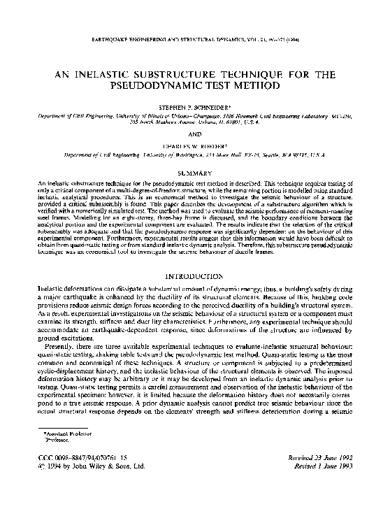 Pdf An Inelastic Substructure Technique For The Pseudodynamic Test Method Charles Roeder