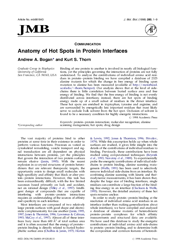 (PDF) Anatomy of hot spots in protein interfaces