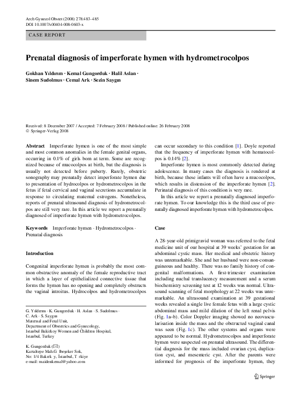 (PDF) Prenatal diagnosis of imperforate hymen with hydrometrocolpos