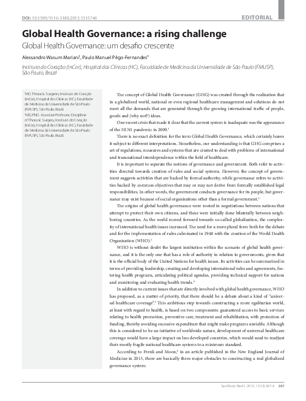 (PDF) Global Health Governance: a rising challenge