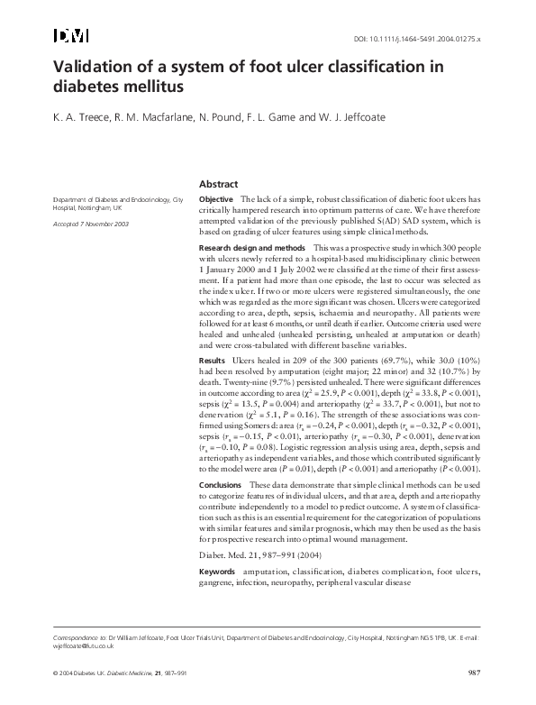 (PDF) Validation of a system of foot ulcer classification in diabetes ...