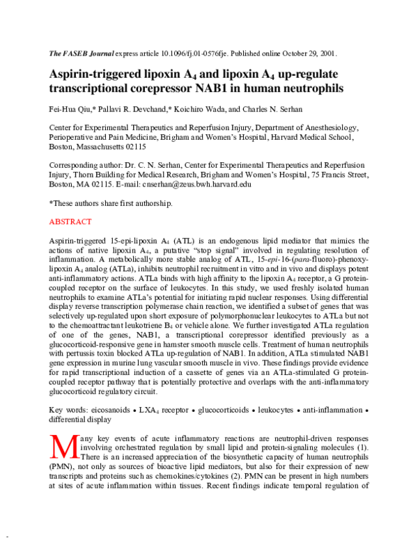 (PDF) Aspirin-triggered lipoxin A4 and lipoxin A4 up-regulate ...