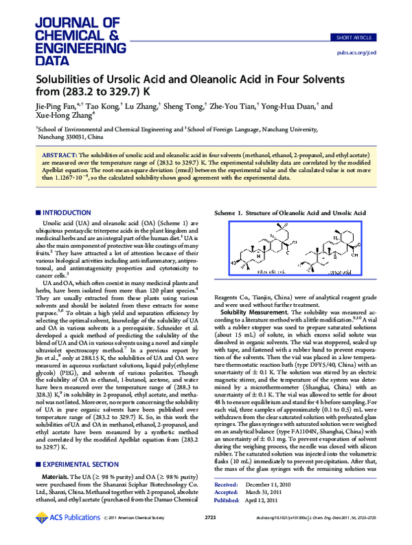 (PDF) Solubilities of Ursolic Acid and Oleanolic Acid in Four Solvents ...