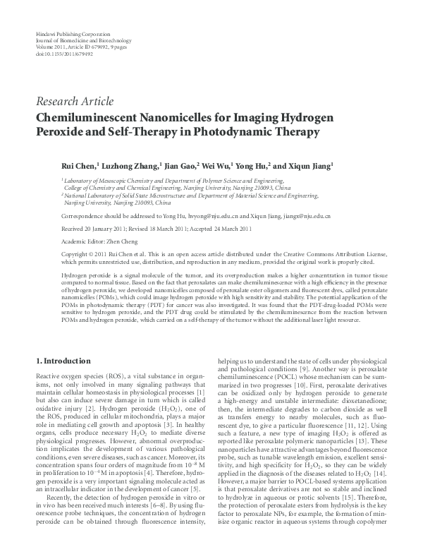 (PDF) Chemiluminescent Nanomicelles for Imaging Hydrogen Peroxide and ...