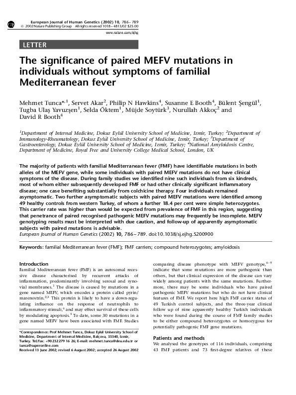 (PDF) The significance of paired MEFV mutations in individuals without ...