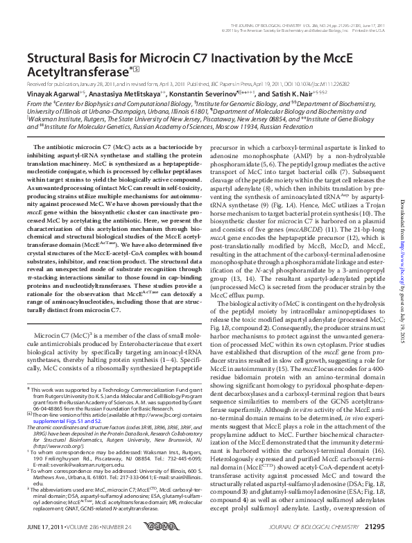 (PDF) Structural basis for microcin C7 inactivation by the MccE ...