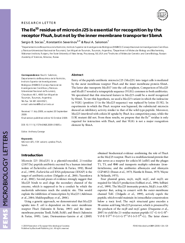 (PDF) The Ile 13 residue of microcin J25 is essential for recognition ...
