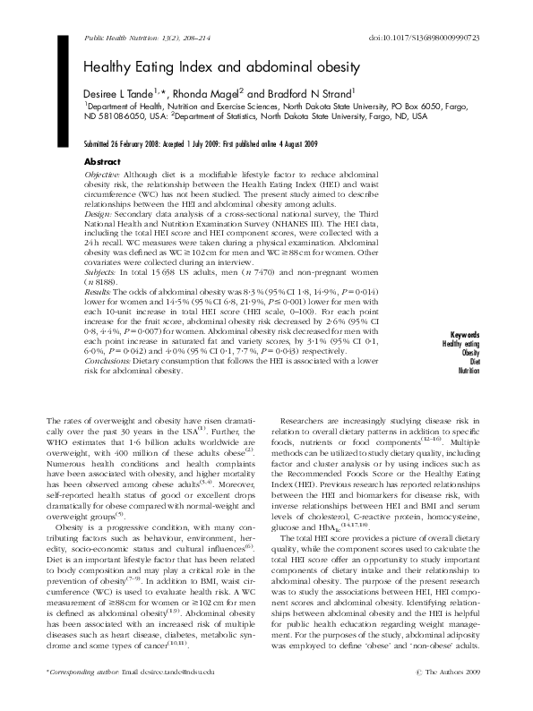 (PDF) Healthy Eating Index and abdominal obesity | Rhonda Magel and ...