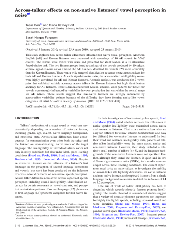 (PDF) Across-talker effects on non-native listeners’ vowel perception in noise