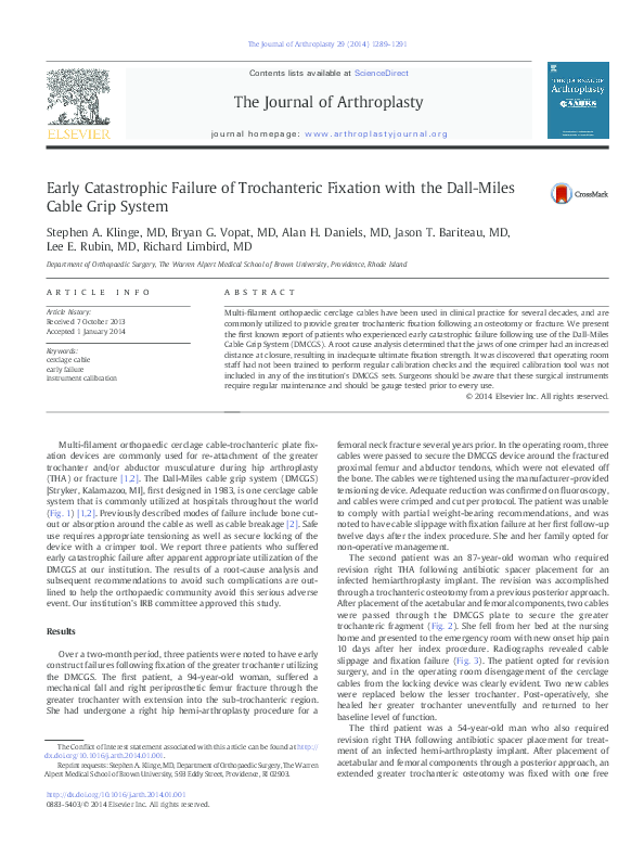 (PDF) Early Catastrophic Failure of Trochanteric Fixation with the Dall ...