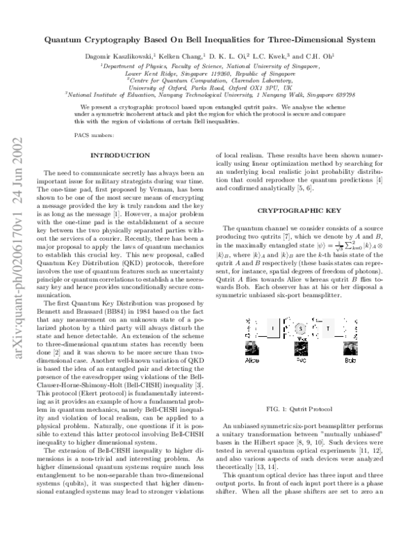 (PDF) Quantum Cryptography Based On Bell Inequalities for Three-Dimensional System