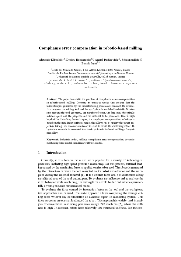 Pdf Compensation Of Tool Deflection In Robotic Based Milling